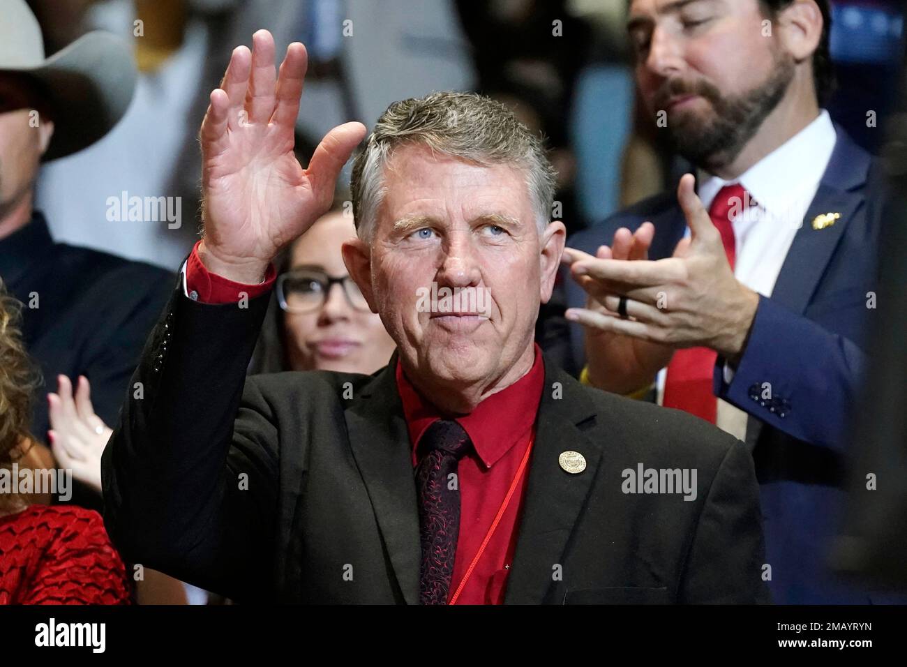 Former Republican Arizona state Sen. David Farnsworth waves to a ...