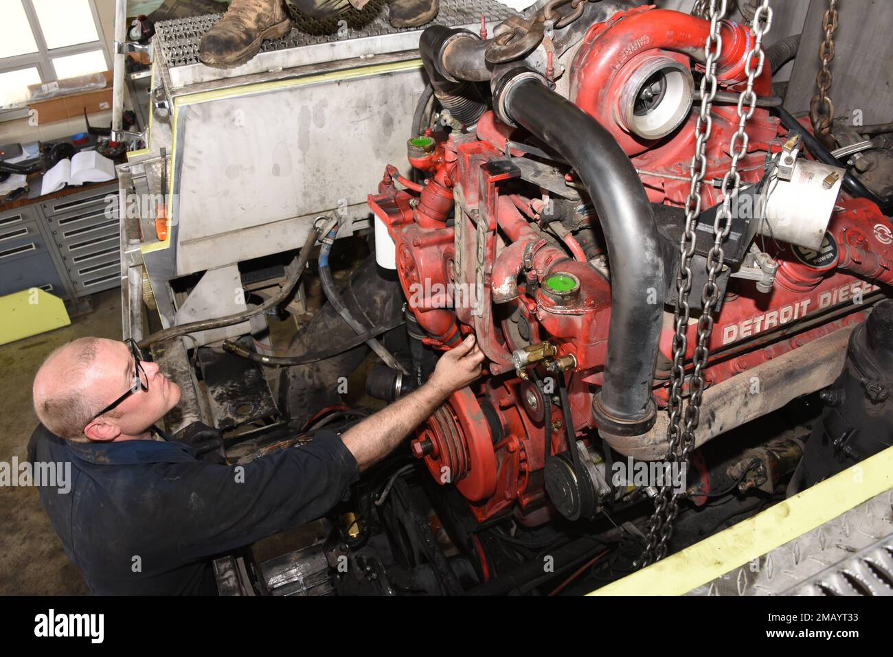 185th Air Refueling Wing vehicle mechanic Master Sgt. Ryan Lieber works ...