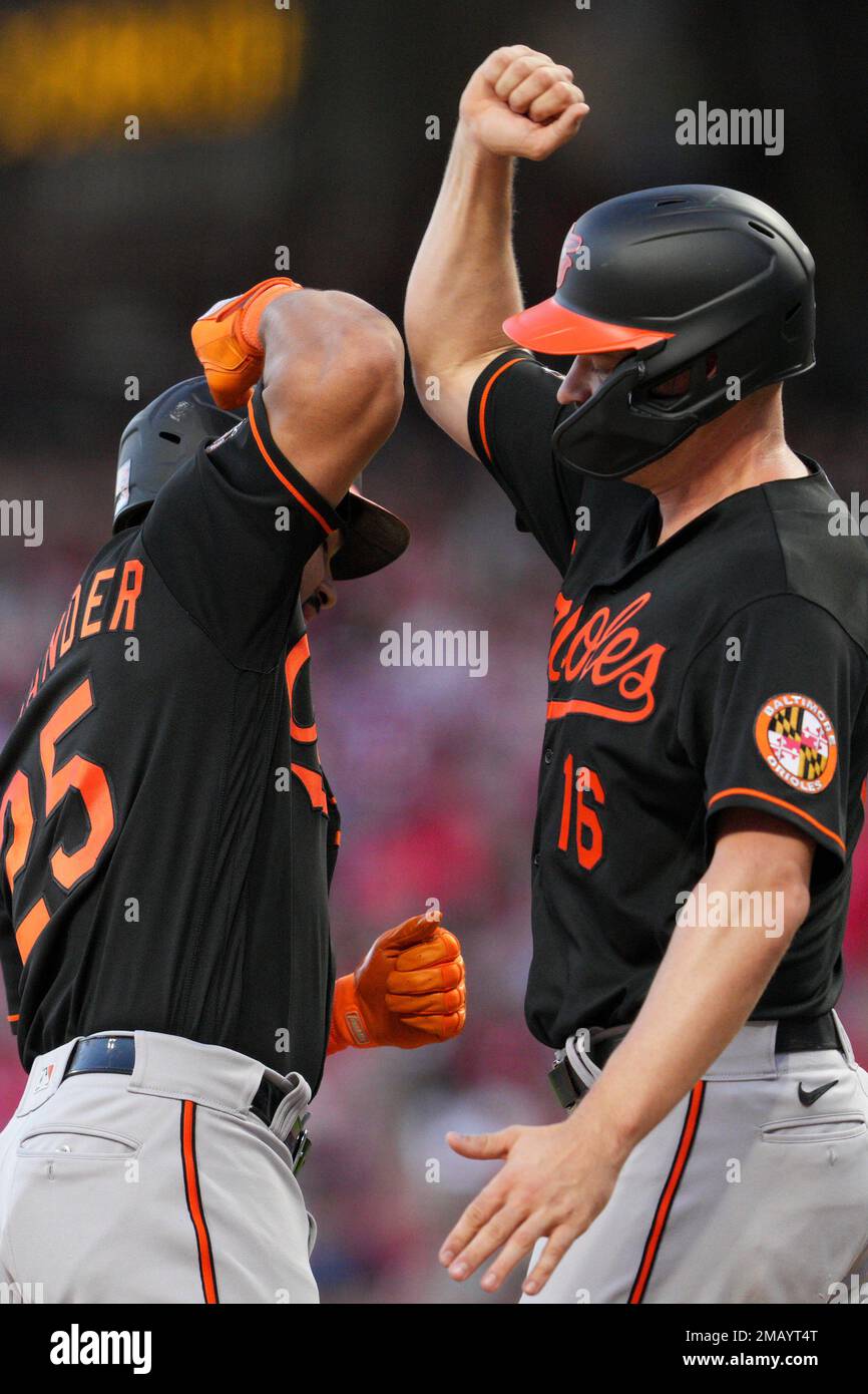 Baltimore Orioles' Anthony Santander, left, celebrates with Trey ...
