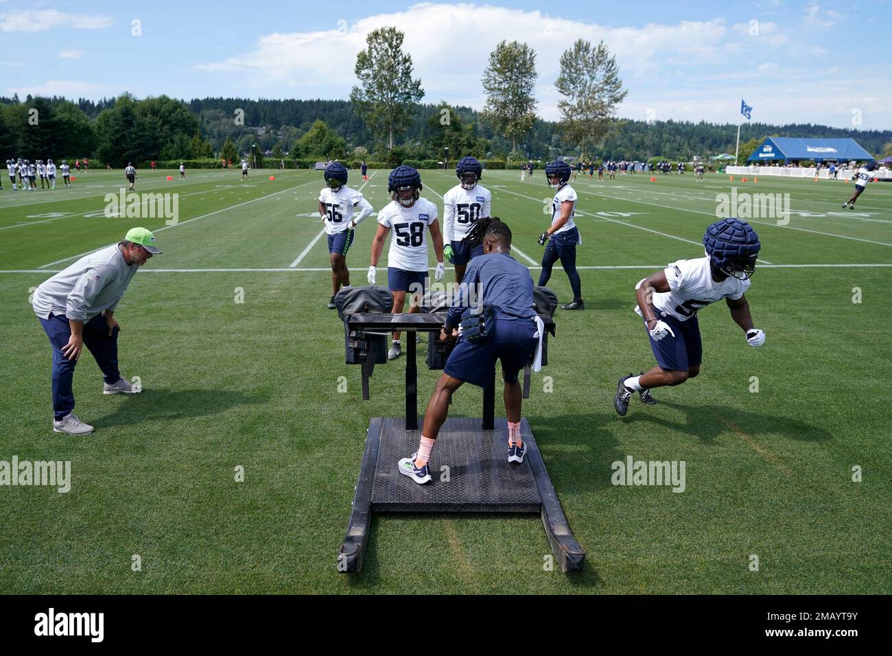Seattle Seahawks linebackers, including Tanner Muse (58), Levi Jones ...