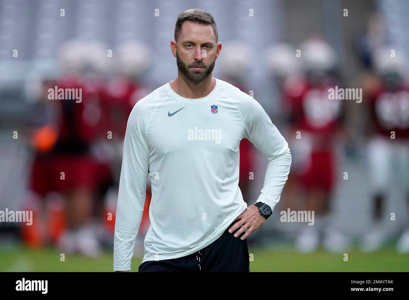 Arizona Cardinals' head coach Kliff Kingsbury watches drills during the ...