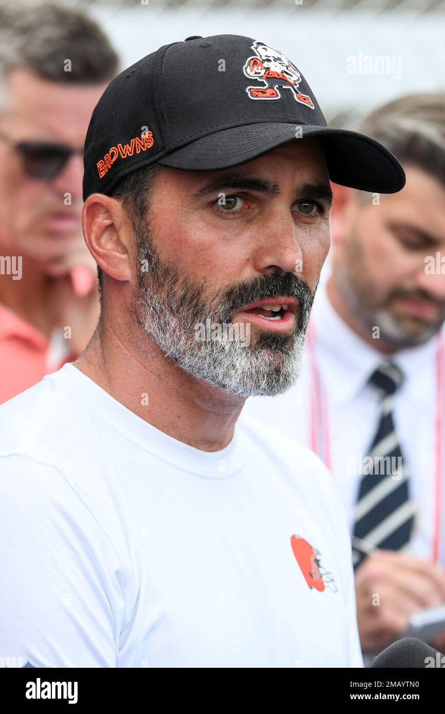 Cleveland Browns head coach Kevin Stefanski answers questions during a ...