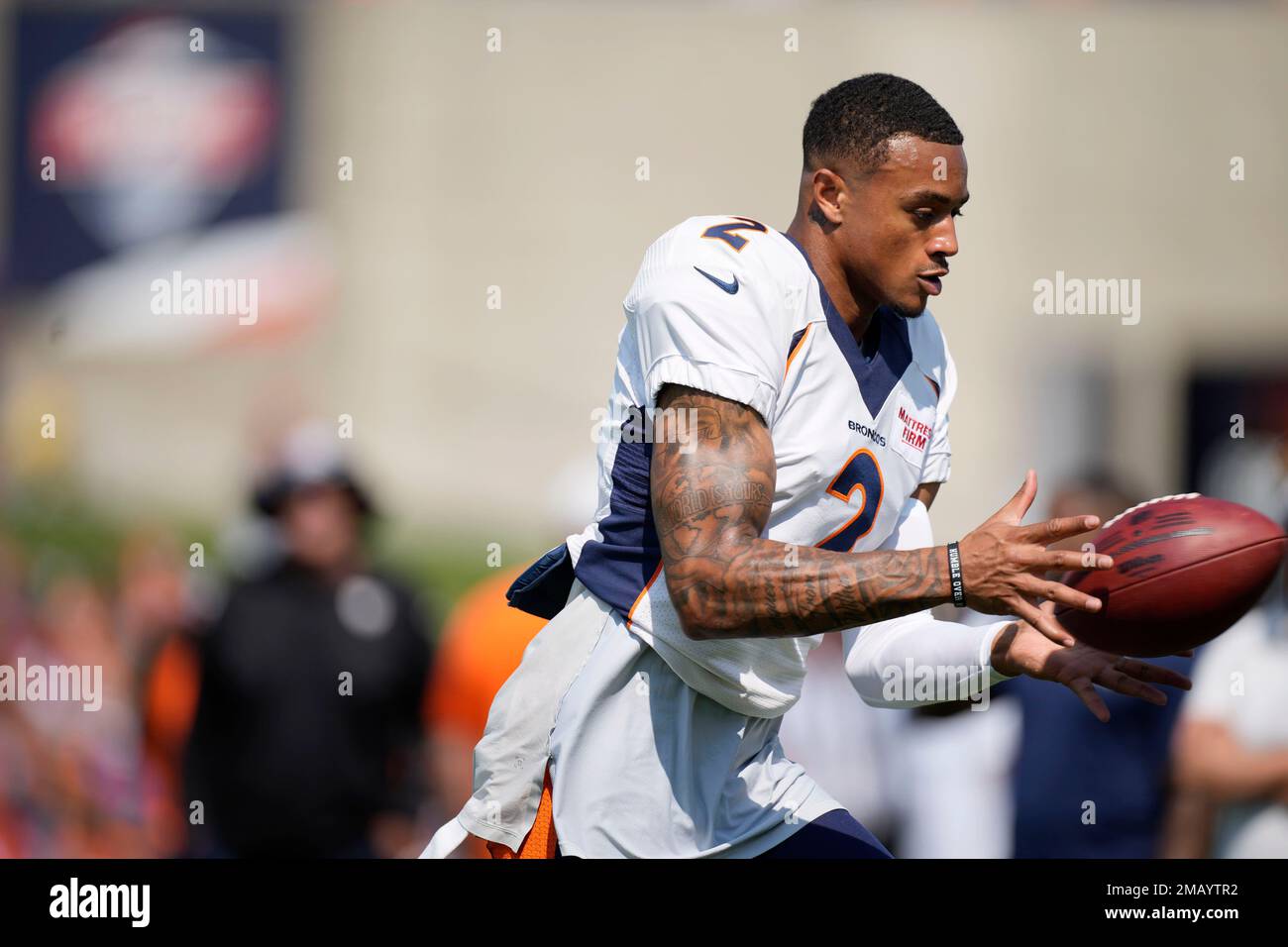 Denver Broncos cornerback Pat Surtain II takes part in drills during ...