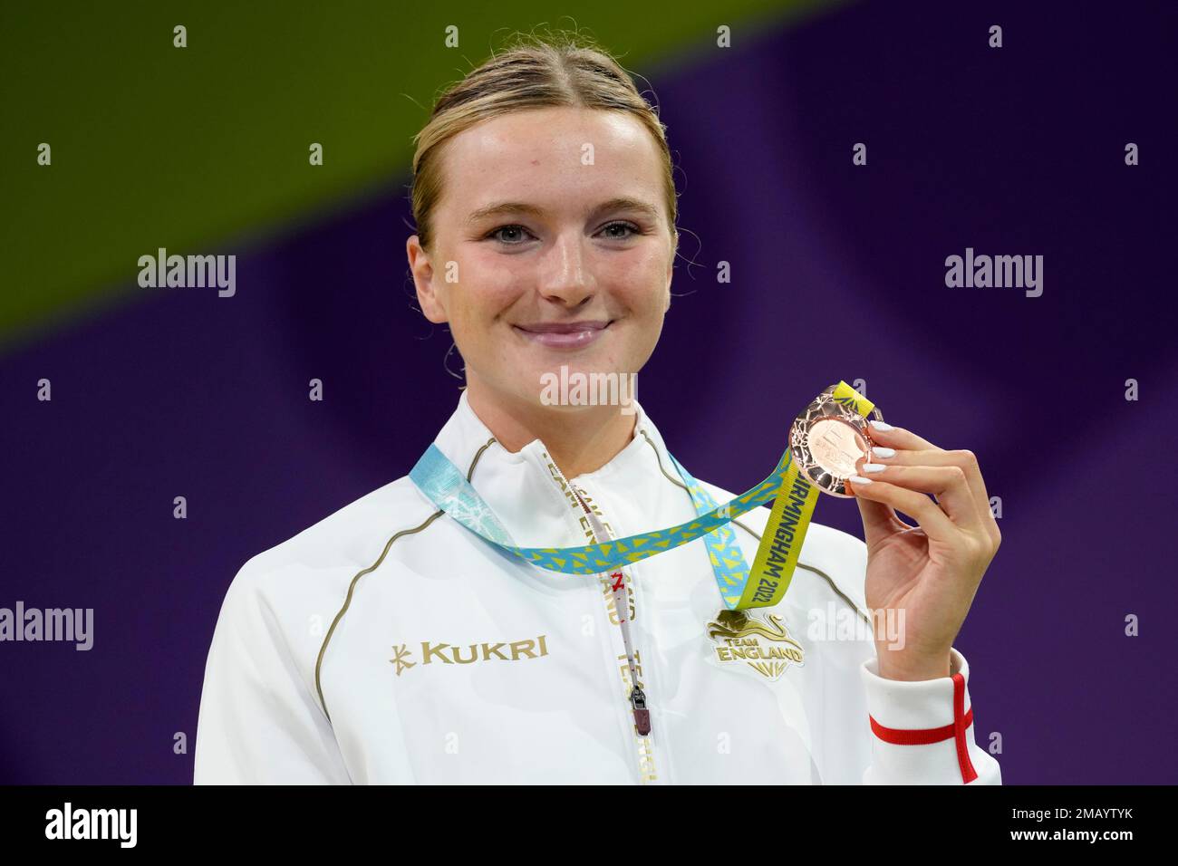 Abbie Wood of England poses after winning the bronze medal in the Women ...