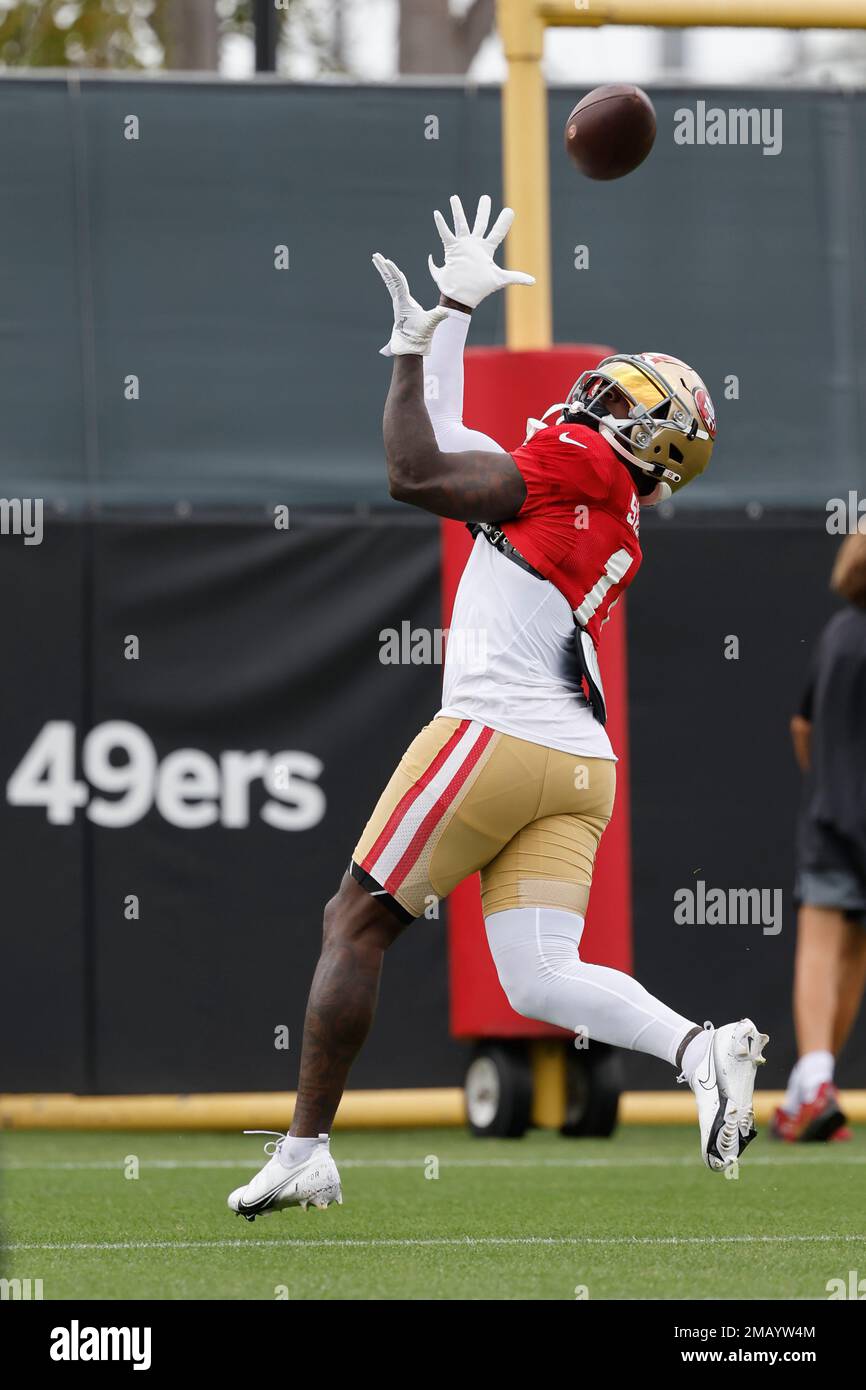 San Francisco 49ers wide receiver Deebo Samuel takes part in drills at ...