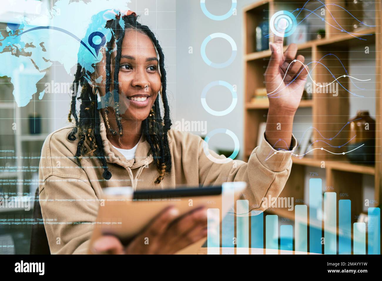 Tablet, world map data and woman pointing at digital info ...