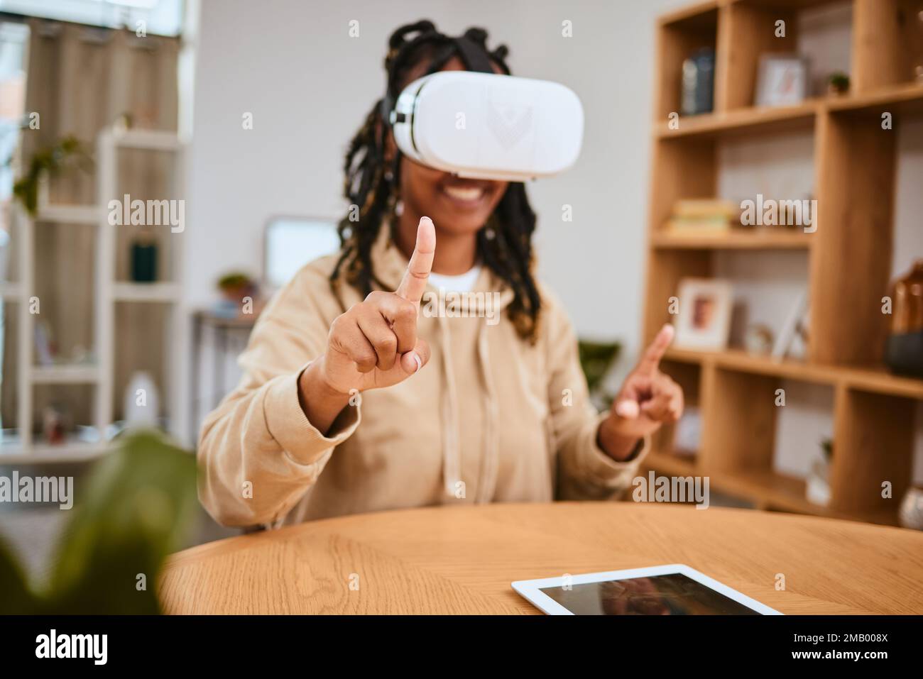 Virtual reality, vr metaverse and black woman pointing at cyber dashboard, augmented reality or ...