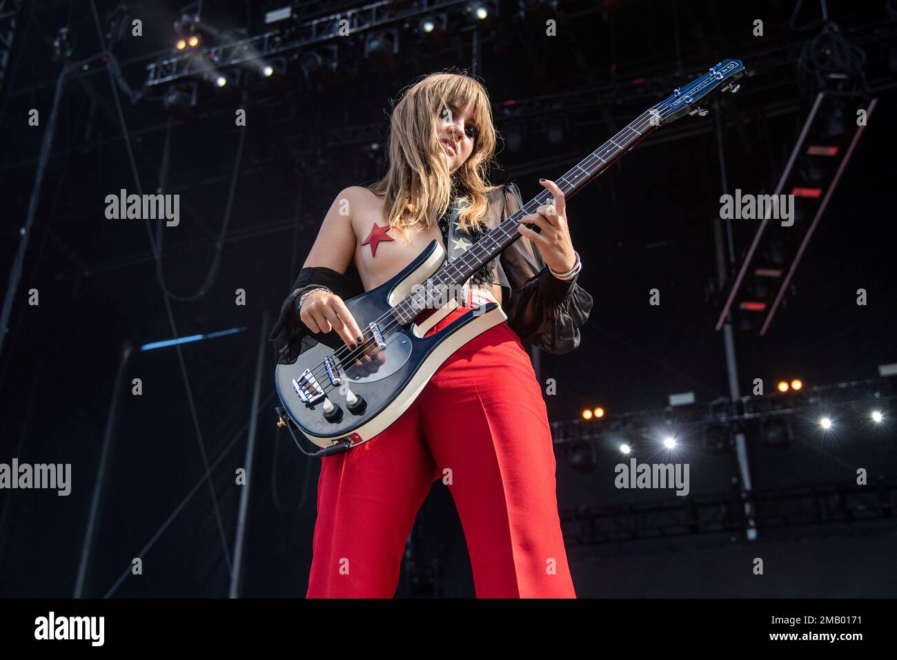 Victoria De Angelis of Maneskin performs on day four of the Lollapalooza Music Festival on ...