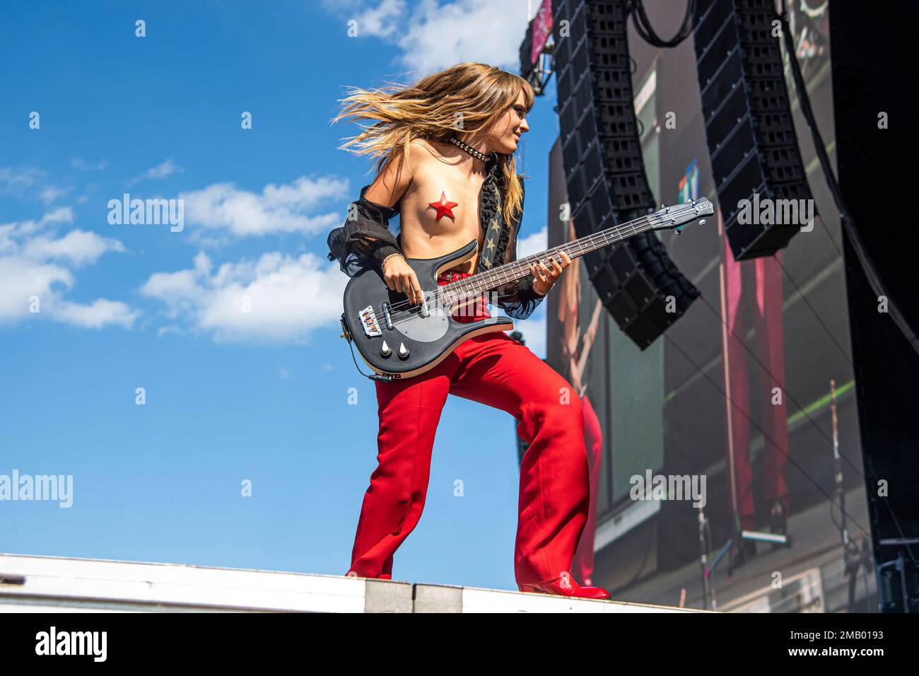 Victoria De Angelis of Maneskin performs on day four of the Lollapalooza Music Festival on ...