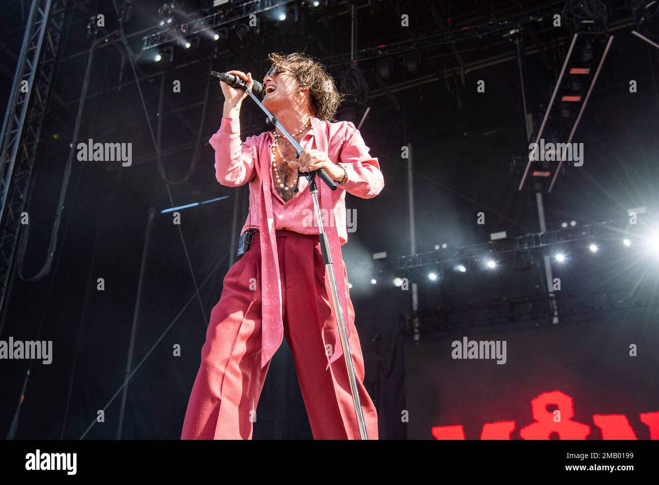 Damiano David of Maneskin performs on day four of the Lollapalooza Music Festival on Sunday ...