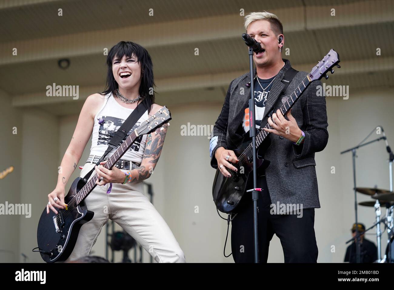Hannah Mee, left, and James Shaw of Hot Milk perform on Day 4 of the ...