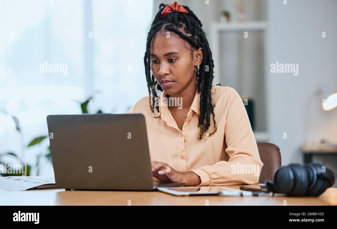 Black woman, laptop and typing online email communication, planning ...
