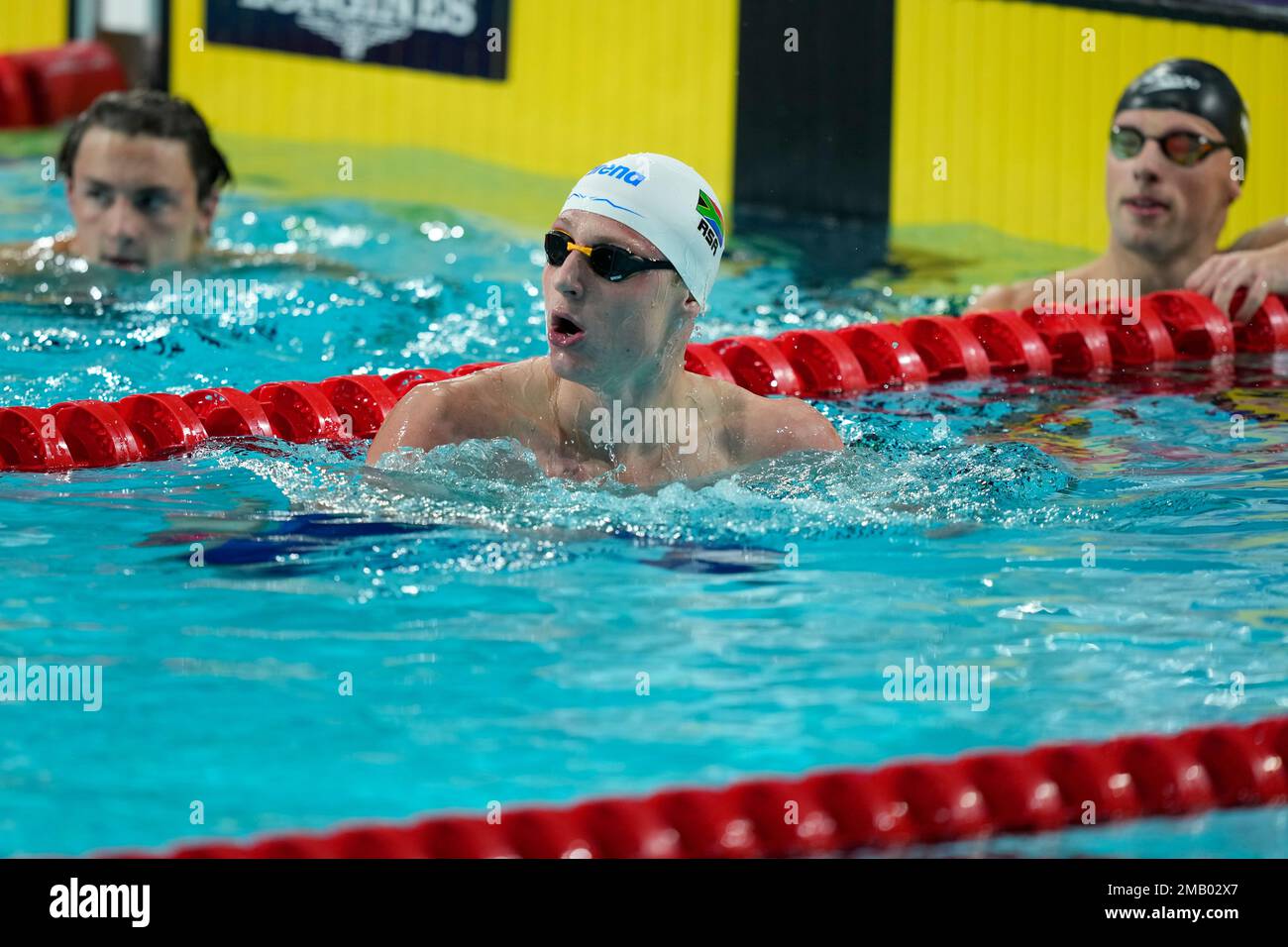 South Africa's Pieter Coetzee reacts after competing in the Men's 50m ...