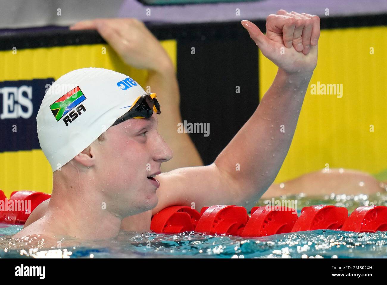 South Africa's Pieter Coetzee reacts after competing in the Men's 50m ...