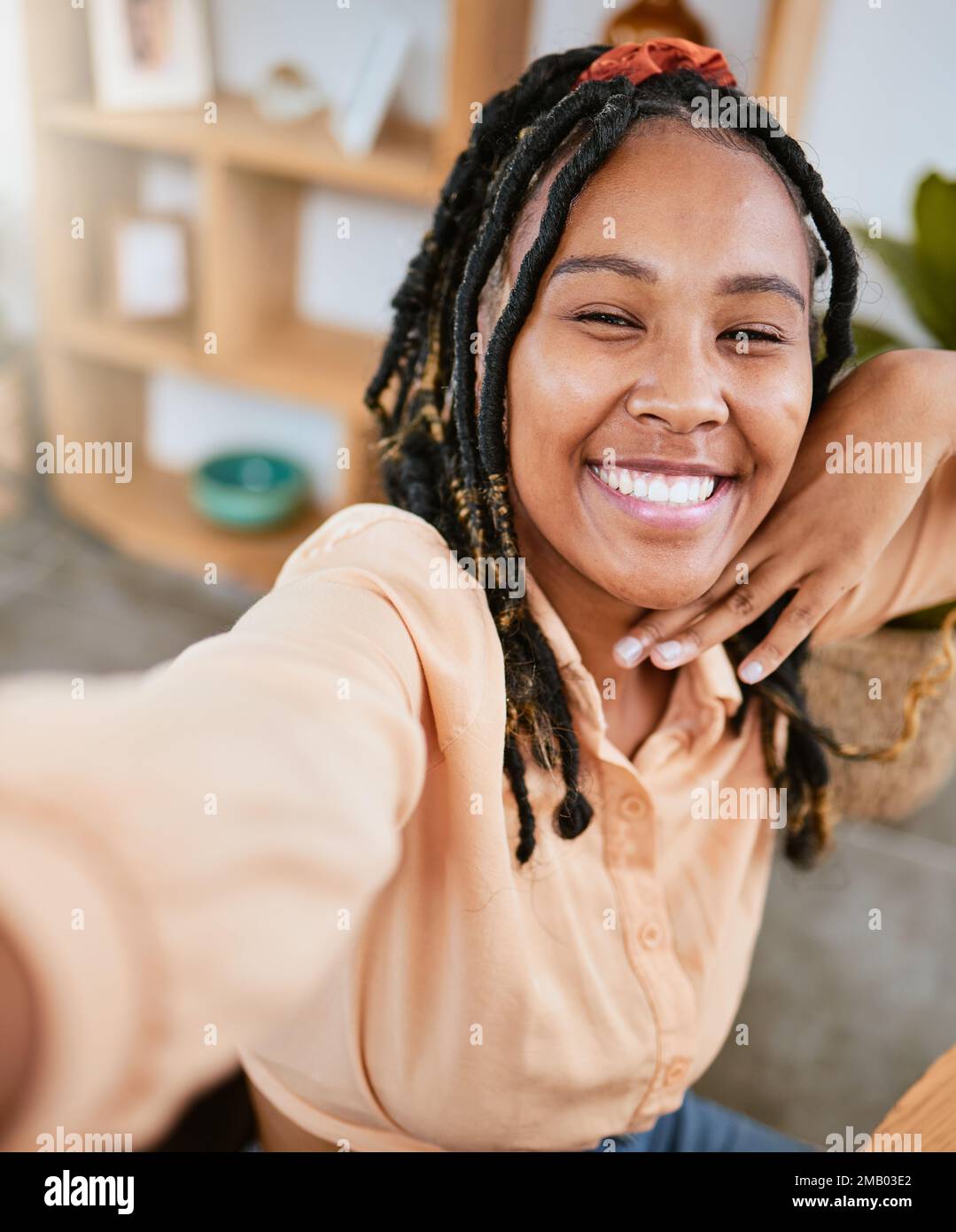 Selfie, smile and portrait of a beautiful woman relaxing, calm and ...