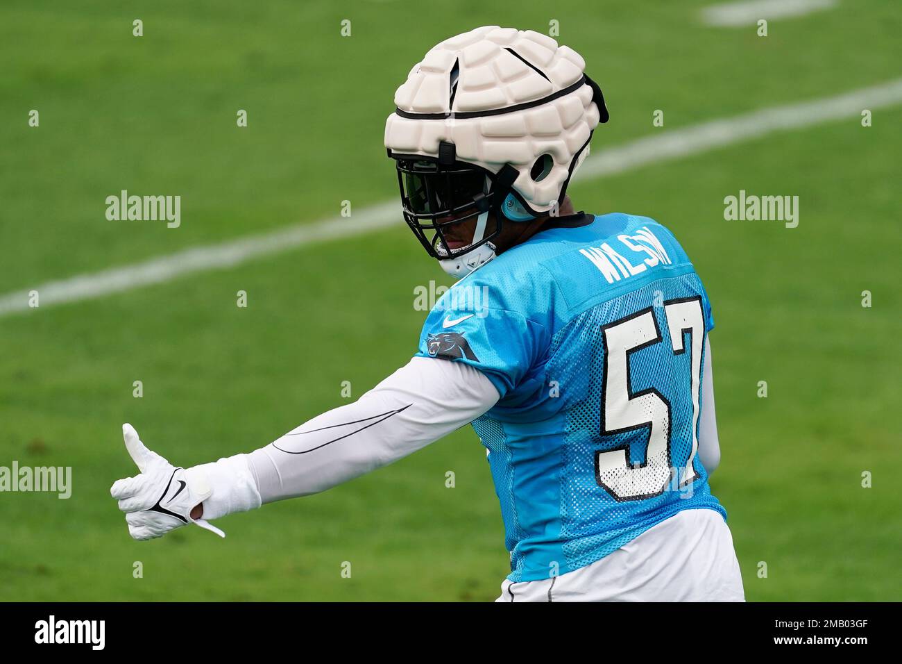 Carolina Panthers' Damien Wilson practices during the NFL football team ...