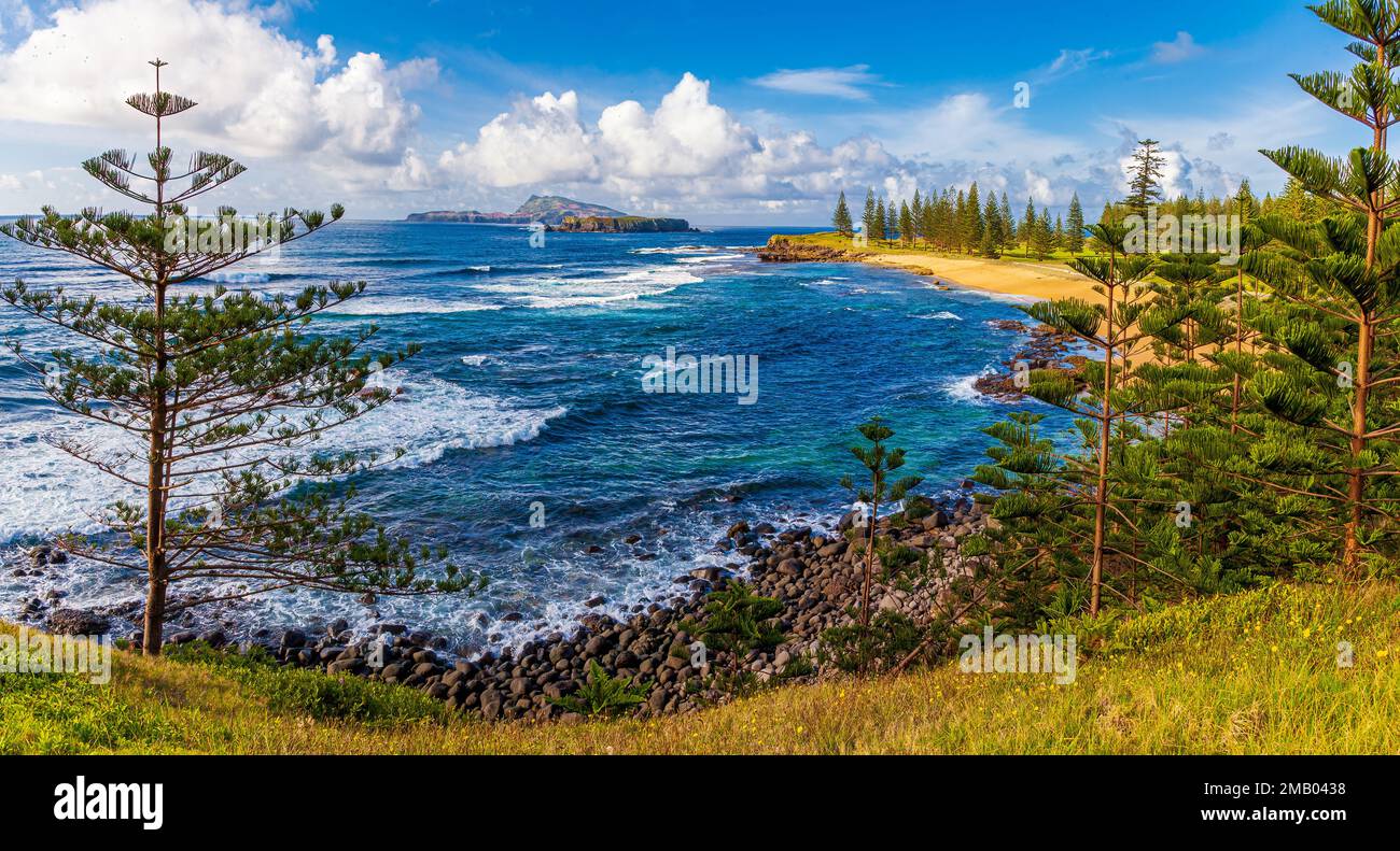 Panoramic view of Cemetery Bay with Phillip and Nepean Islands in the ...