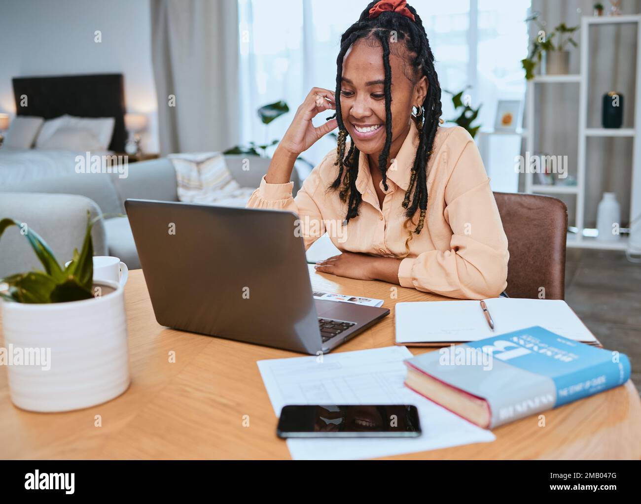 Black woman, laptop and student reading email communication, happy ...