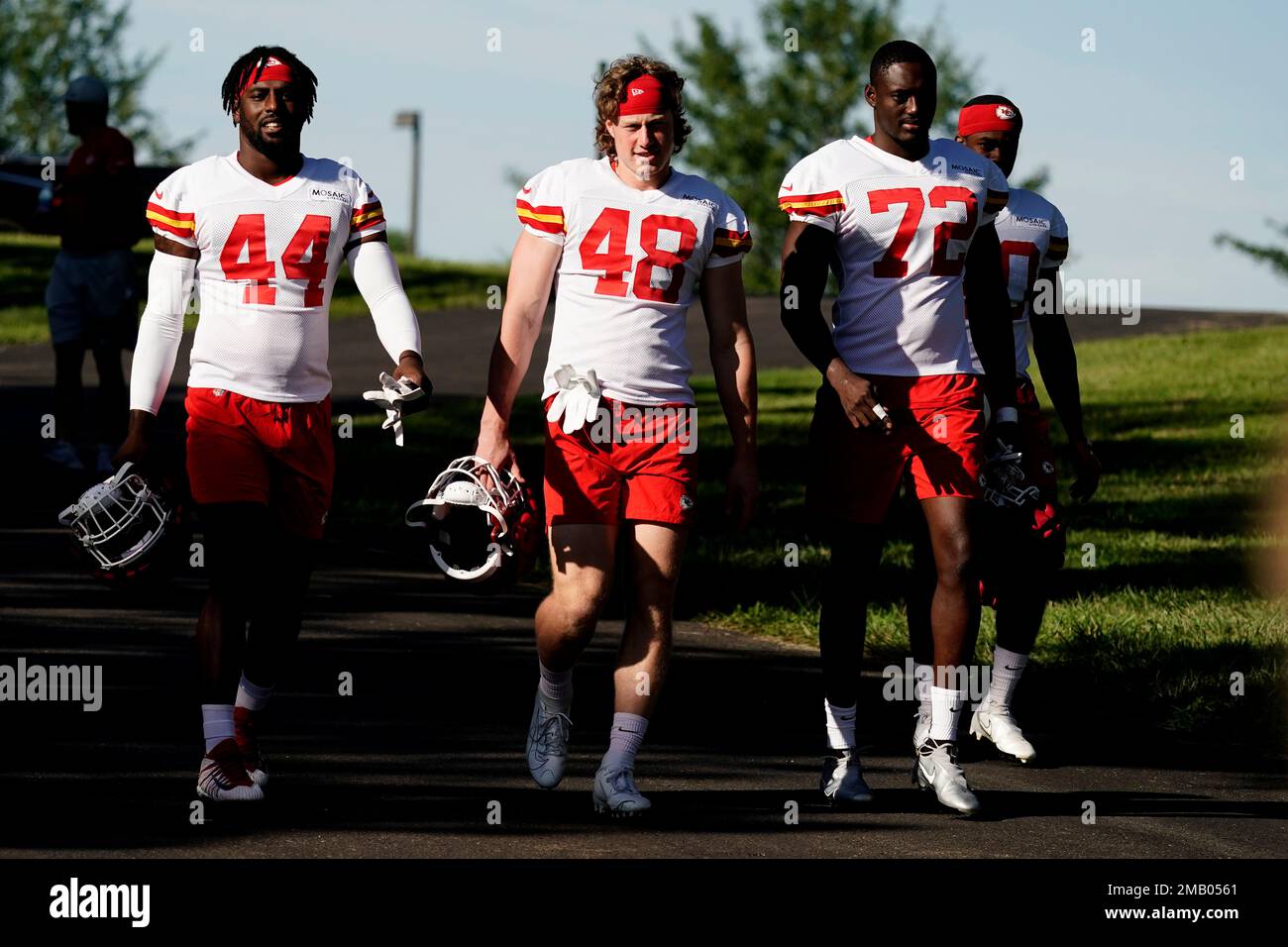 Kansas City Chiefs players Elijah Lee (44), Mike Rose (48) and Kehinde ...