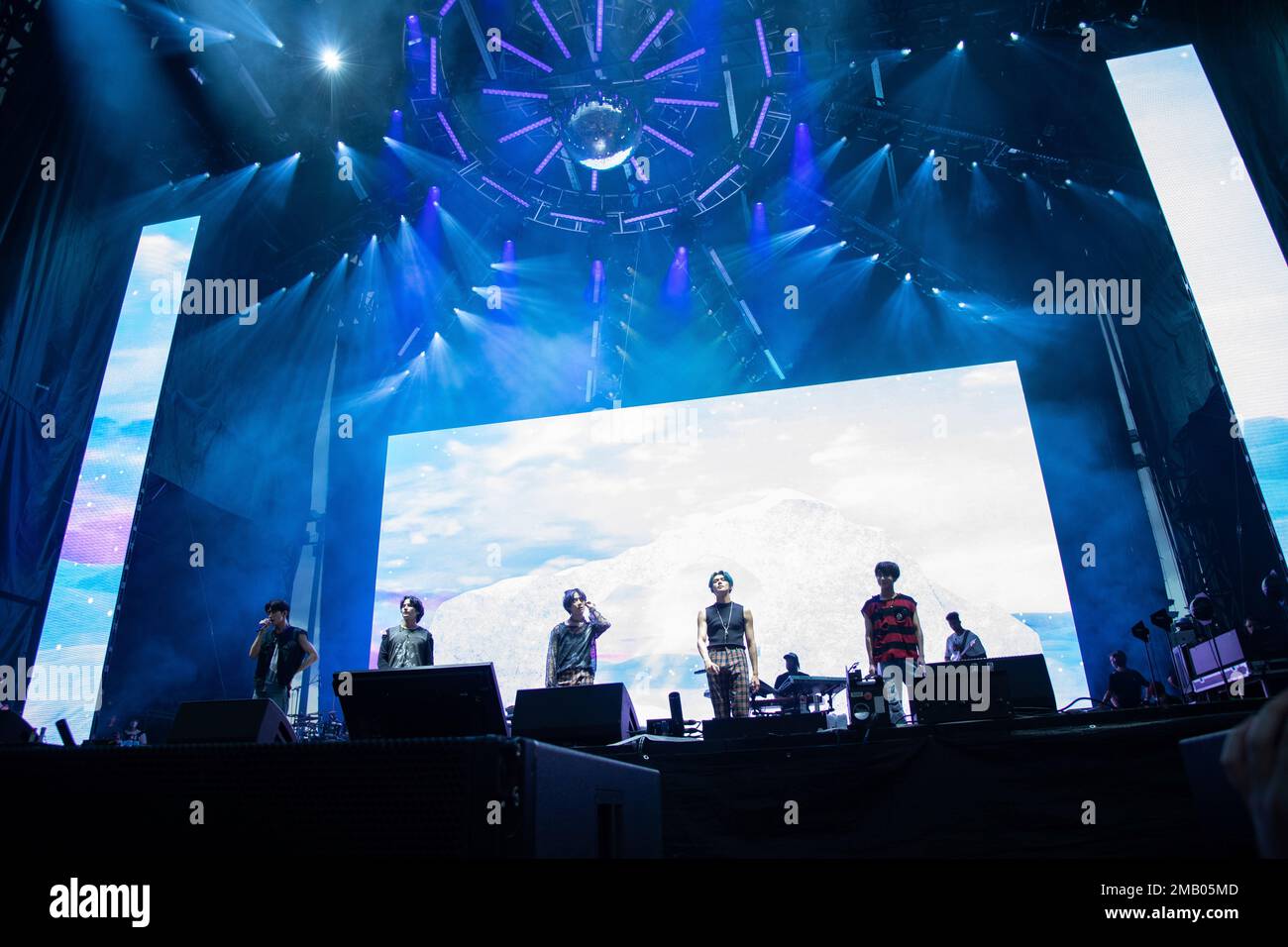 Soobin, left, Huening Kai, Beomgyu, Yeonjun, and Taehyun of TOMORROW X TOGETHER perform on day ...