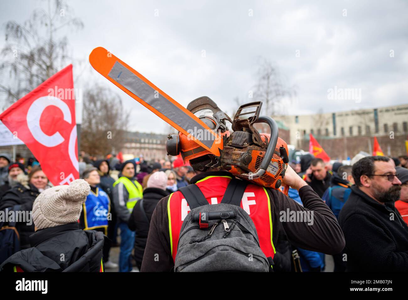 Strasbourg, France - Jan 19, 2023: wood cutter with equipment at ...