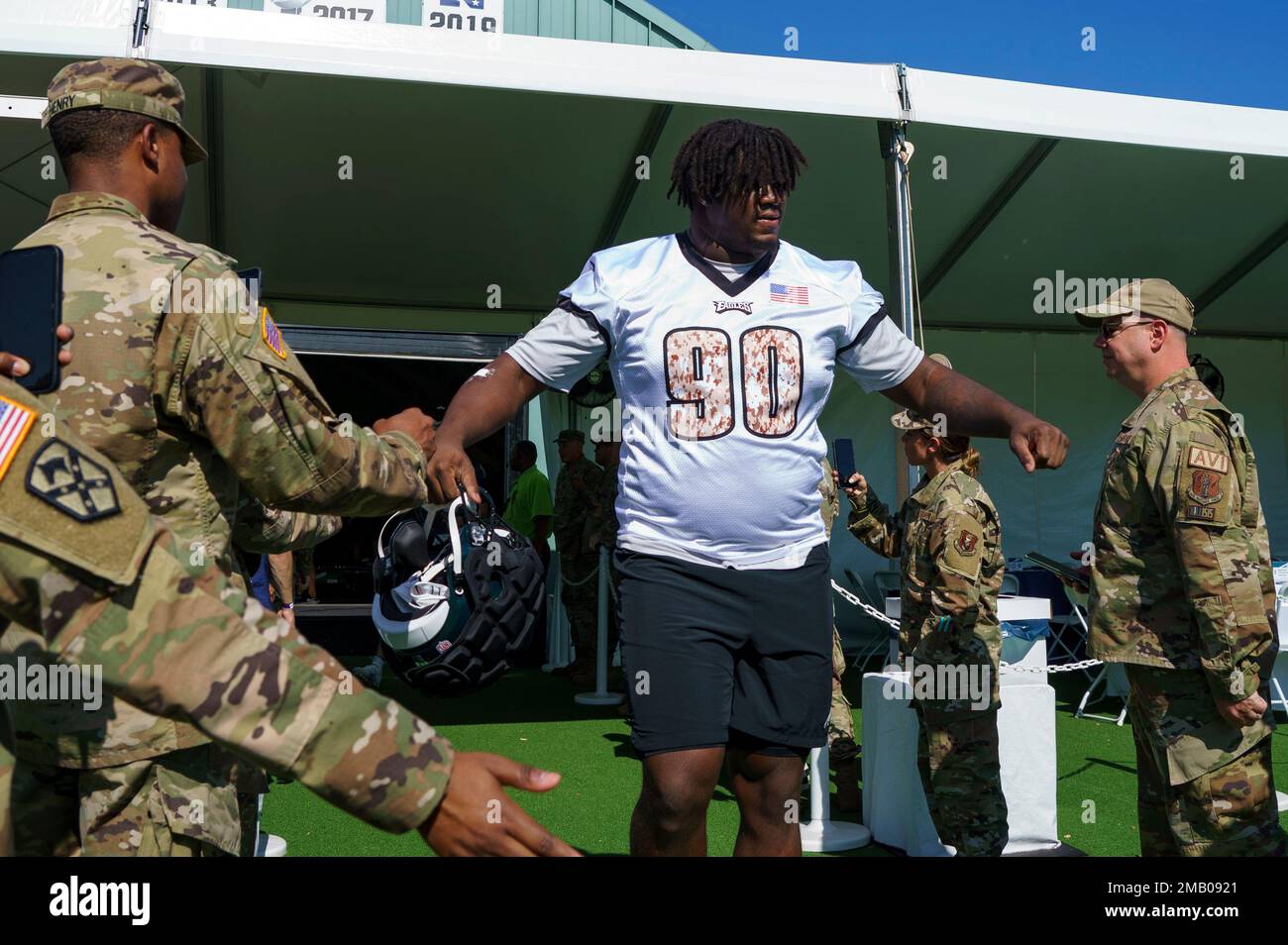 Philadelphia Eagles' Jordan Davis, center, greets members of the ...