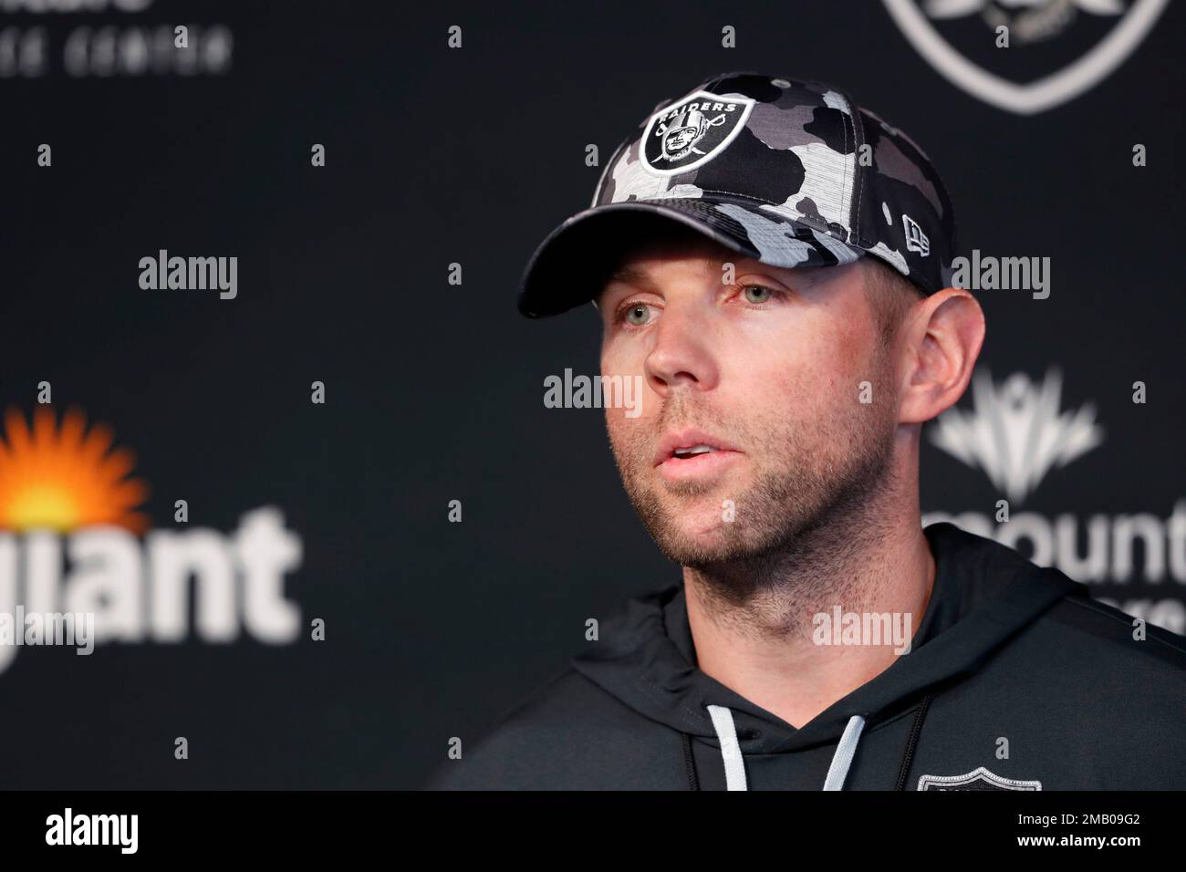 Las Vegas Raiders quarterback coach Bo Hardegree talks with reporters ...
