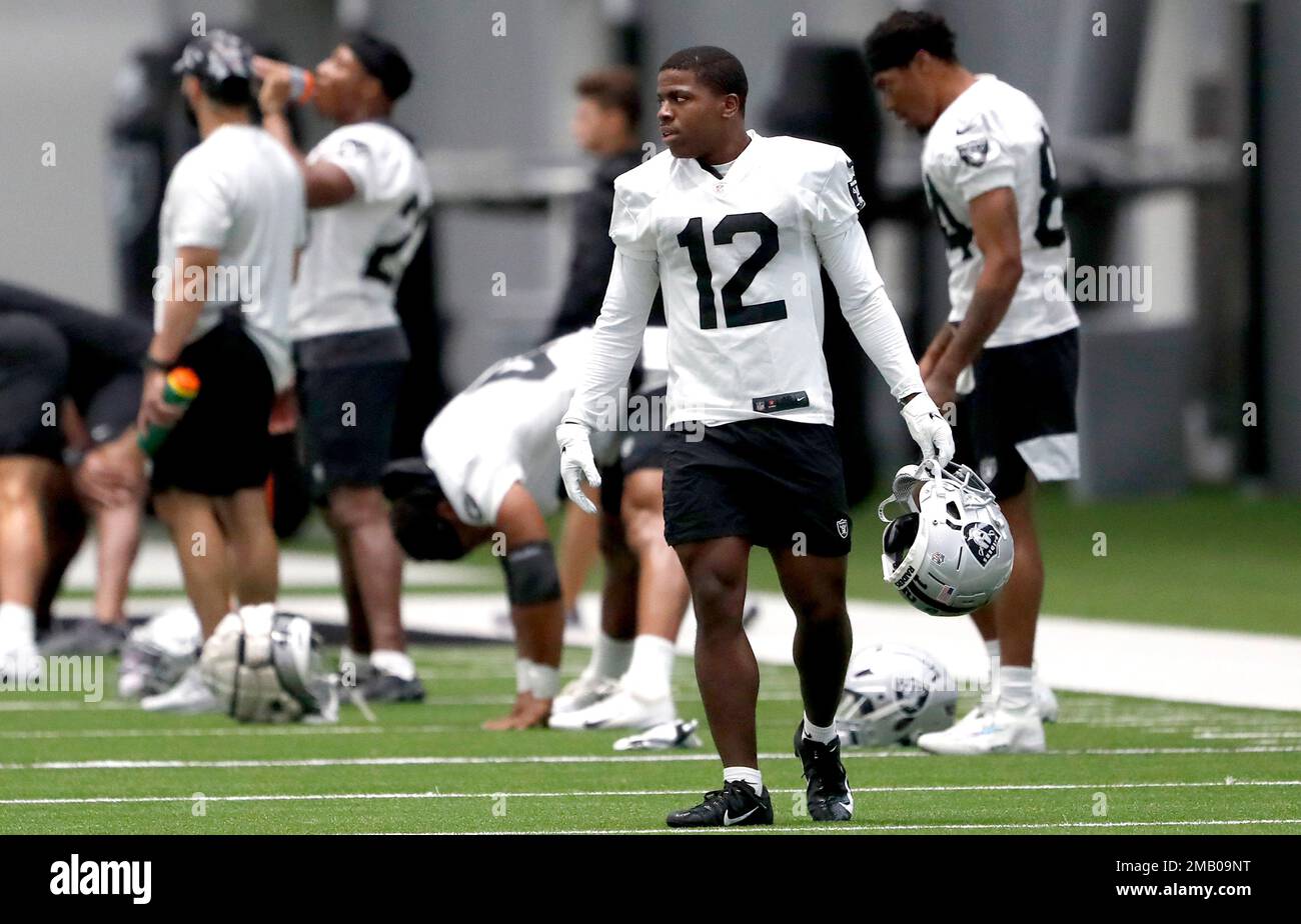 Las Vegas Raiders wide receiver Justin Hall (12) is shown at warm ups ...