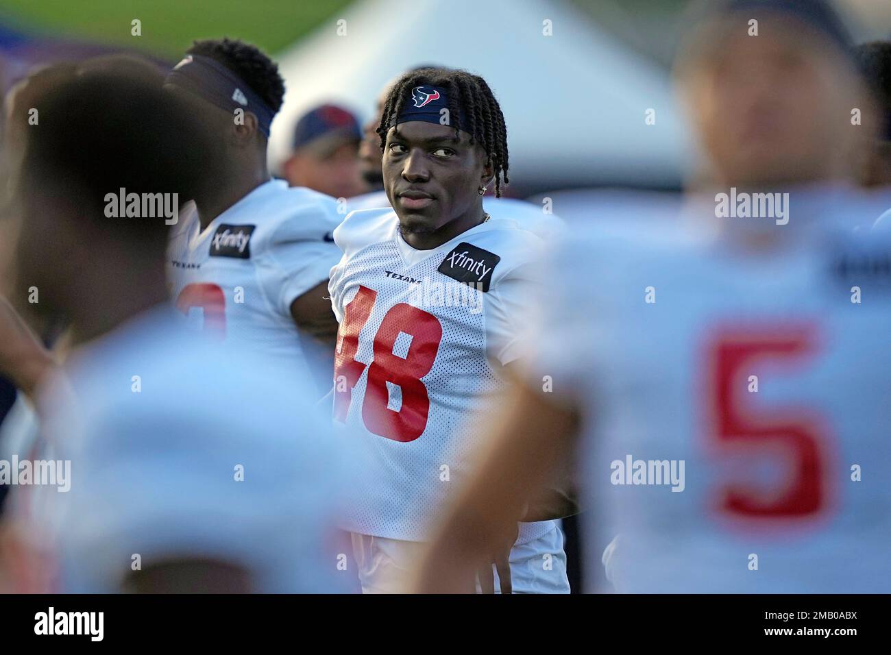 Houston Texans linebacker Christian Harris (48) stretches during an NFL ...