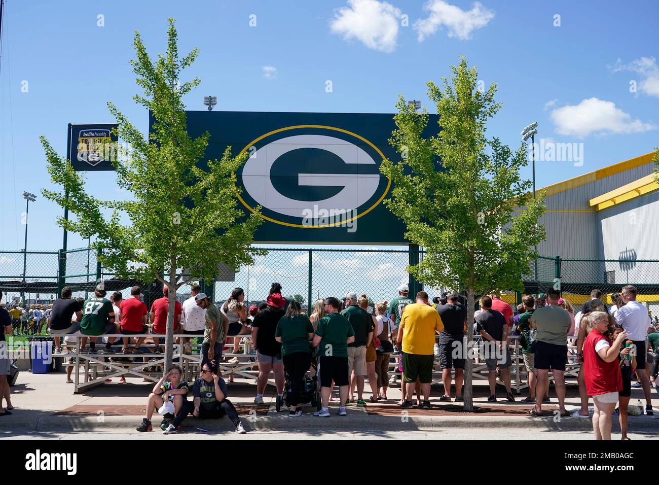 Green Bay Packers fans watch at the NFL football team's practice field ...