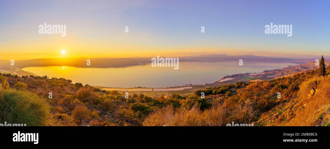 Panoramic sunset view of the Sea of Galilee (Lake Tiberias or Kinneret ...