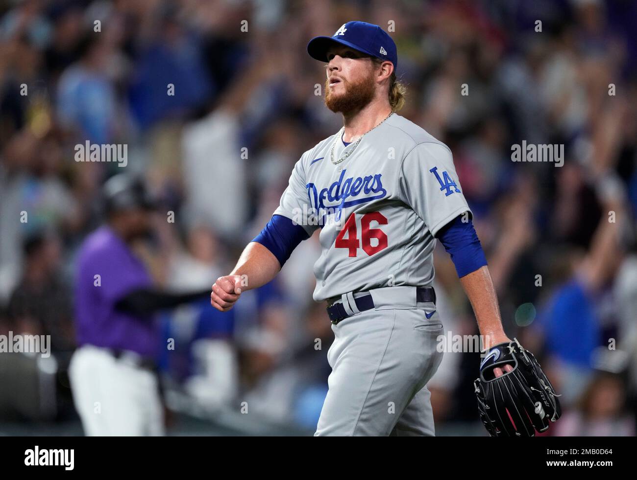 Los Angeles Dodgers relief pitcher Craig Kimbrel reacts after getting ...
