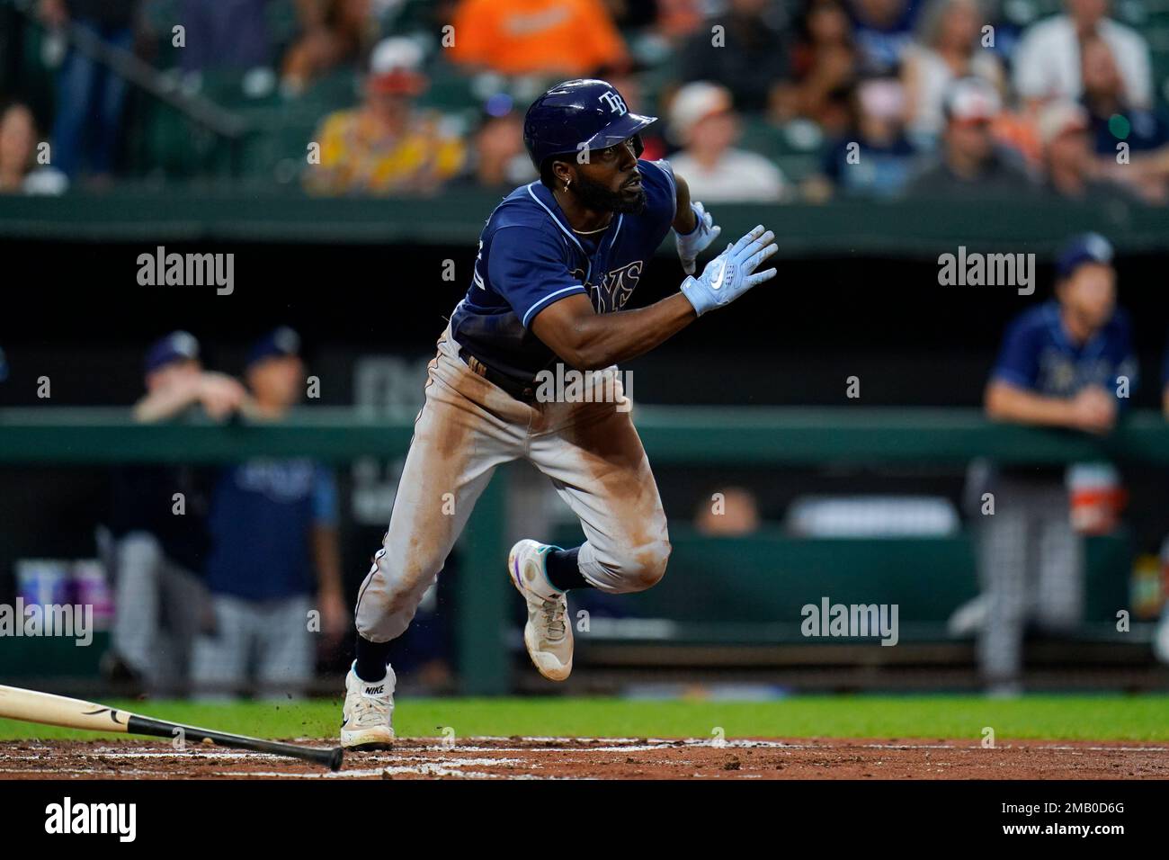 Tampa Bay Rays' Randy Arozarena runs off the bat while grounding out ...