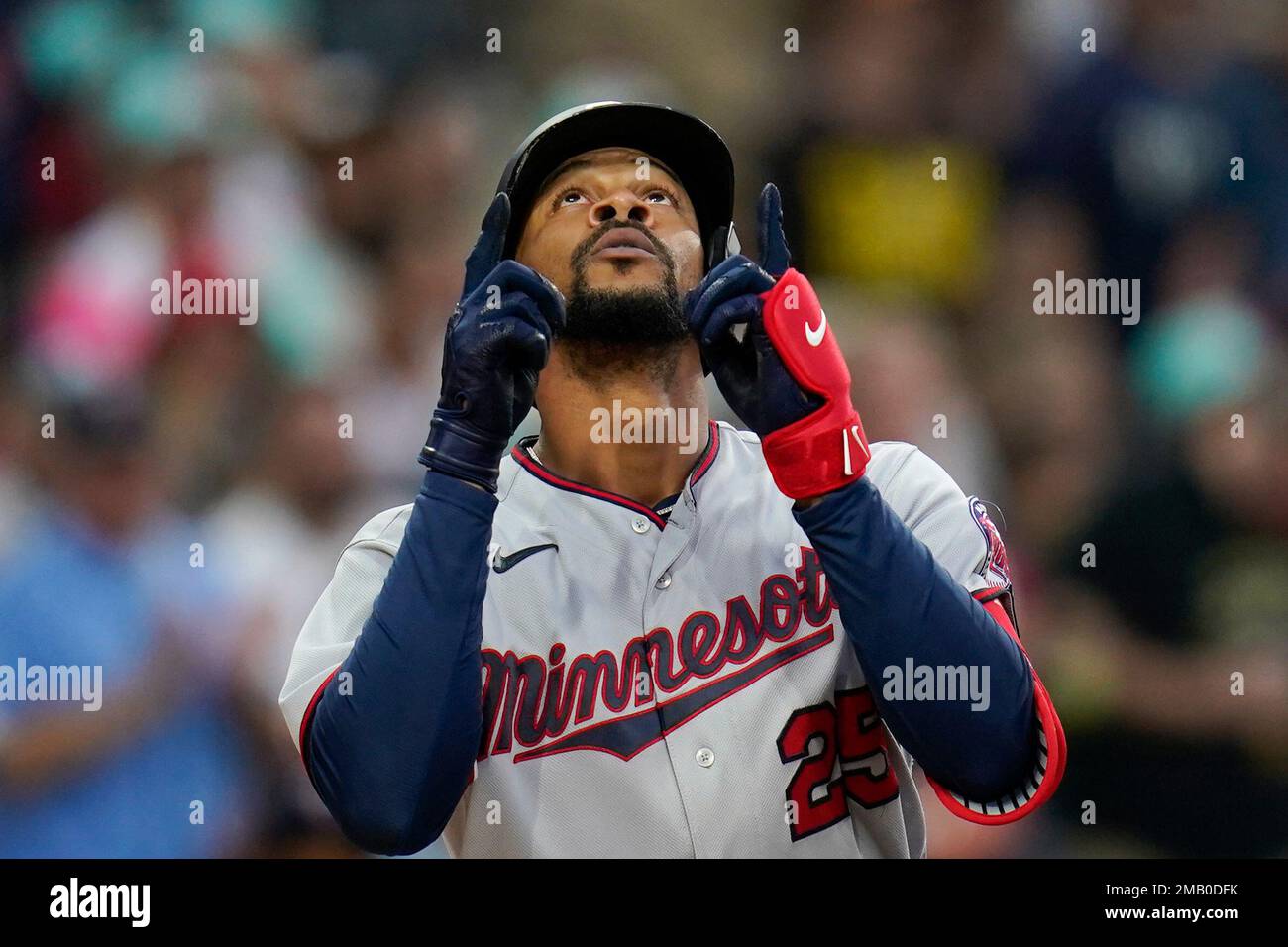 Minnesota Twins' Byron Buxton reacts after hitting a home run during ...