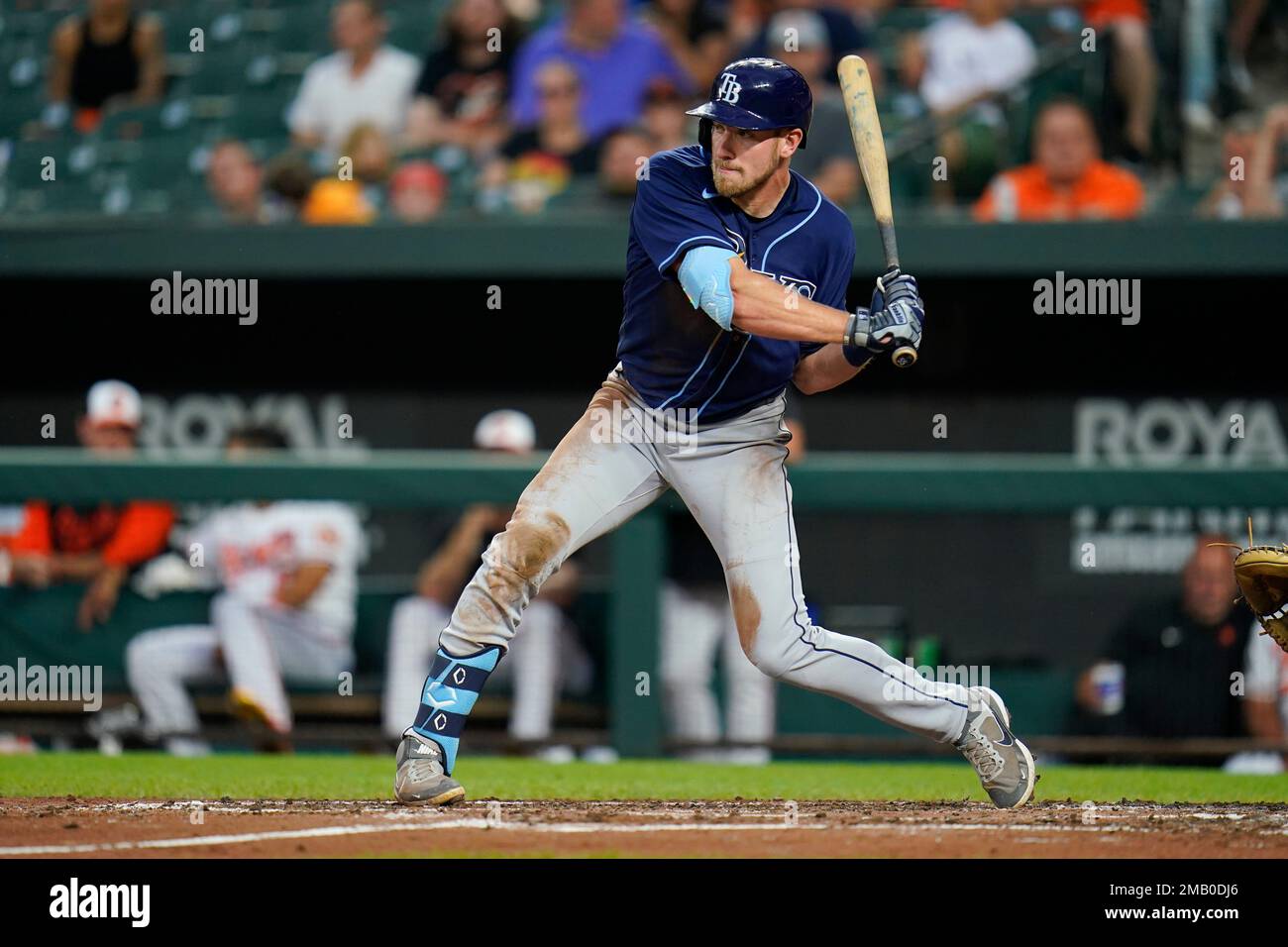 Tampa Bay Rays' Luke Raley swings at a pitch from the Baltimore Orioles ...