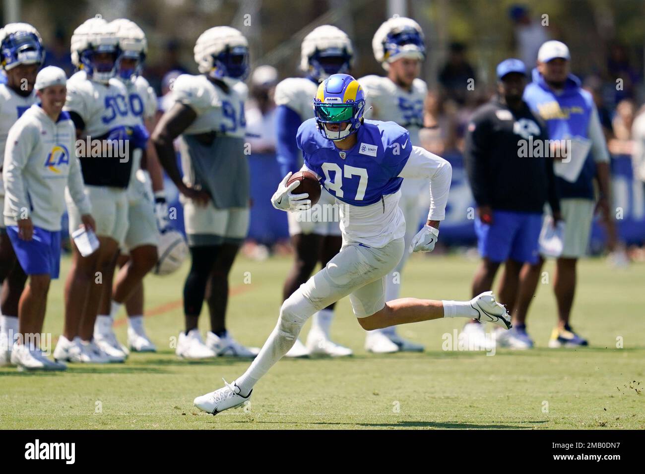 Los Angeles Rams tight end Jacob Harris (87) participates in drills at ...