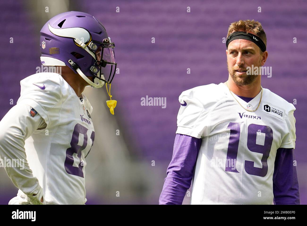 Minnesota Vikings wide receivers Bisi Johnson (81) and Adam Thielen (19 ...