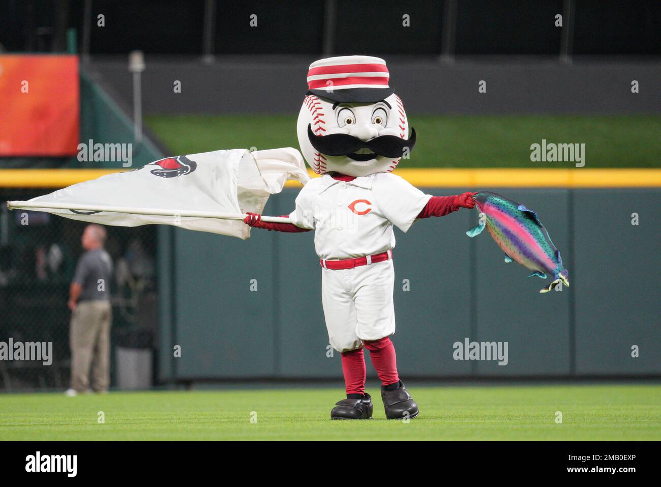 Cincinnati Reds mascot Mr. Redlegs celebrates after defeating the Miami ...