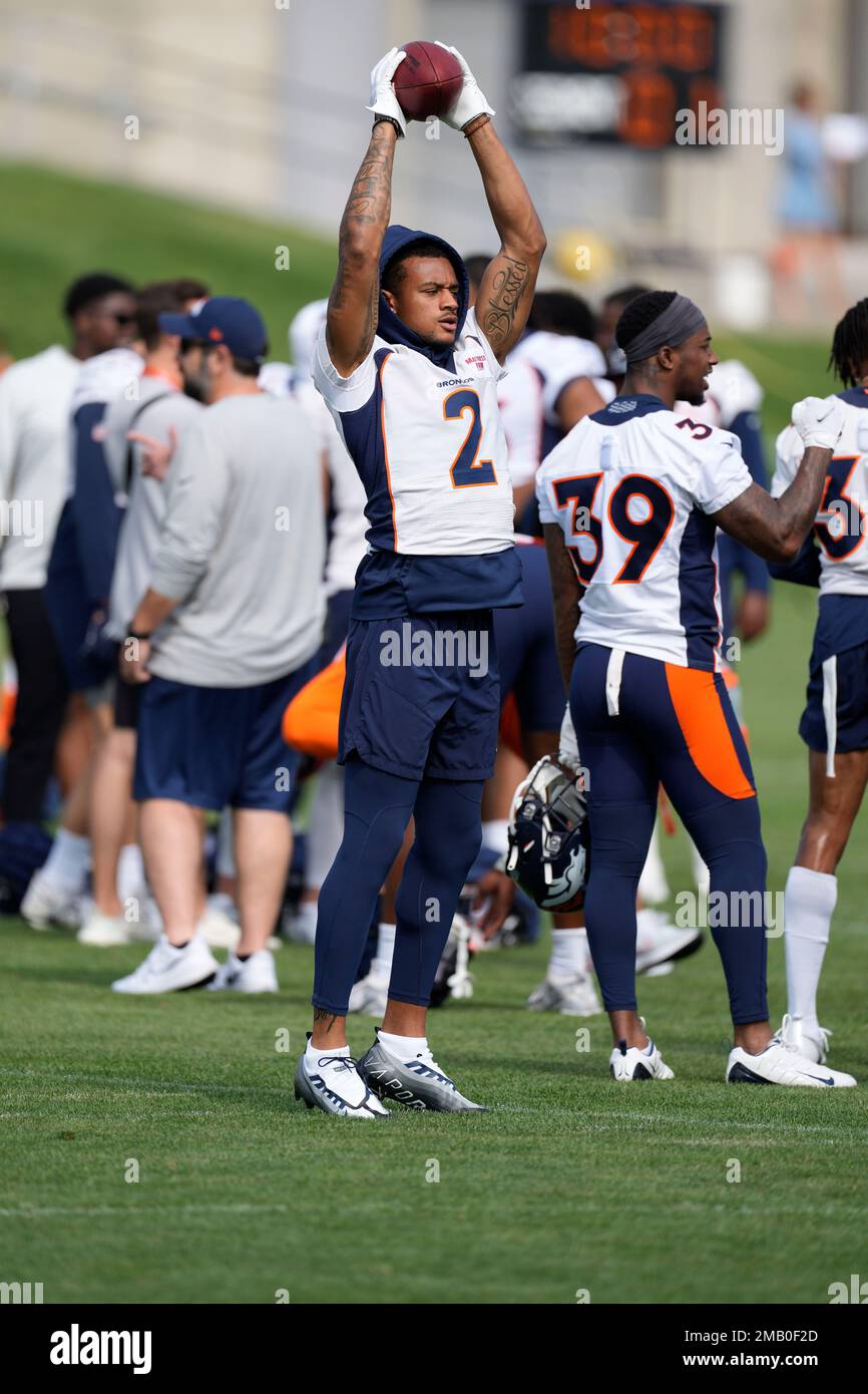 Denver Broncos cornerback Pat Surtain II takes part in drills during ...