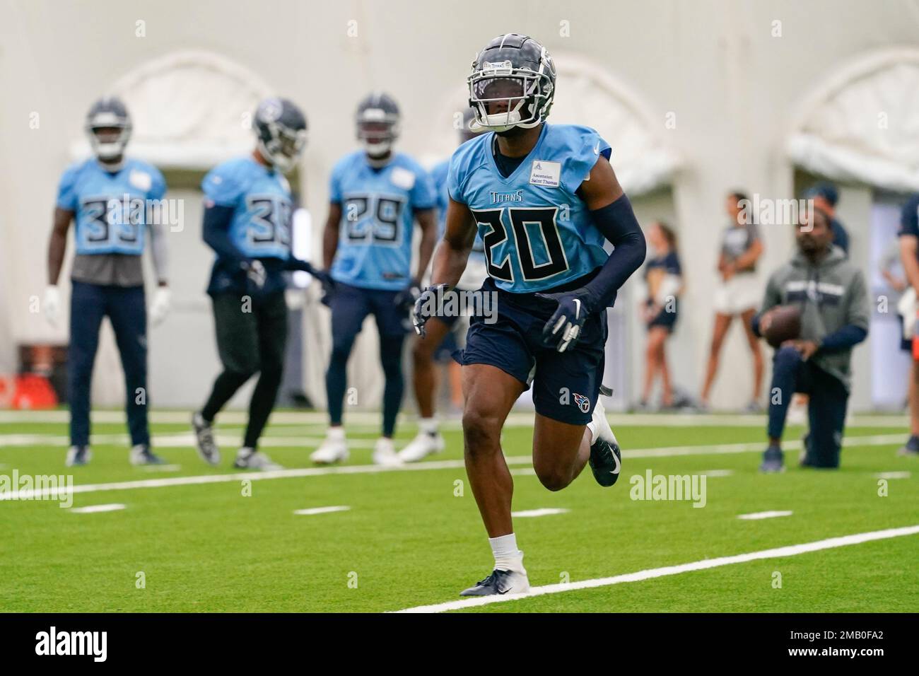 Tennessee Titans cornerback Tre Swilling (20) takes part in drills ...