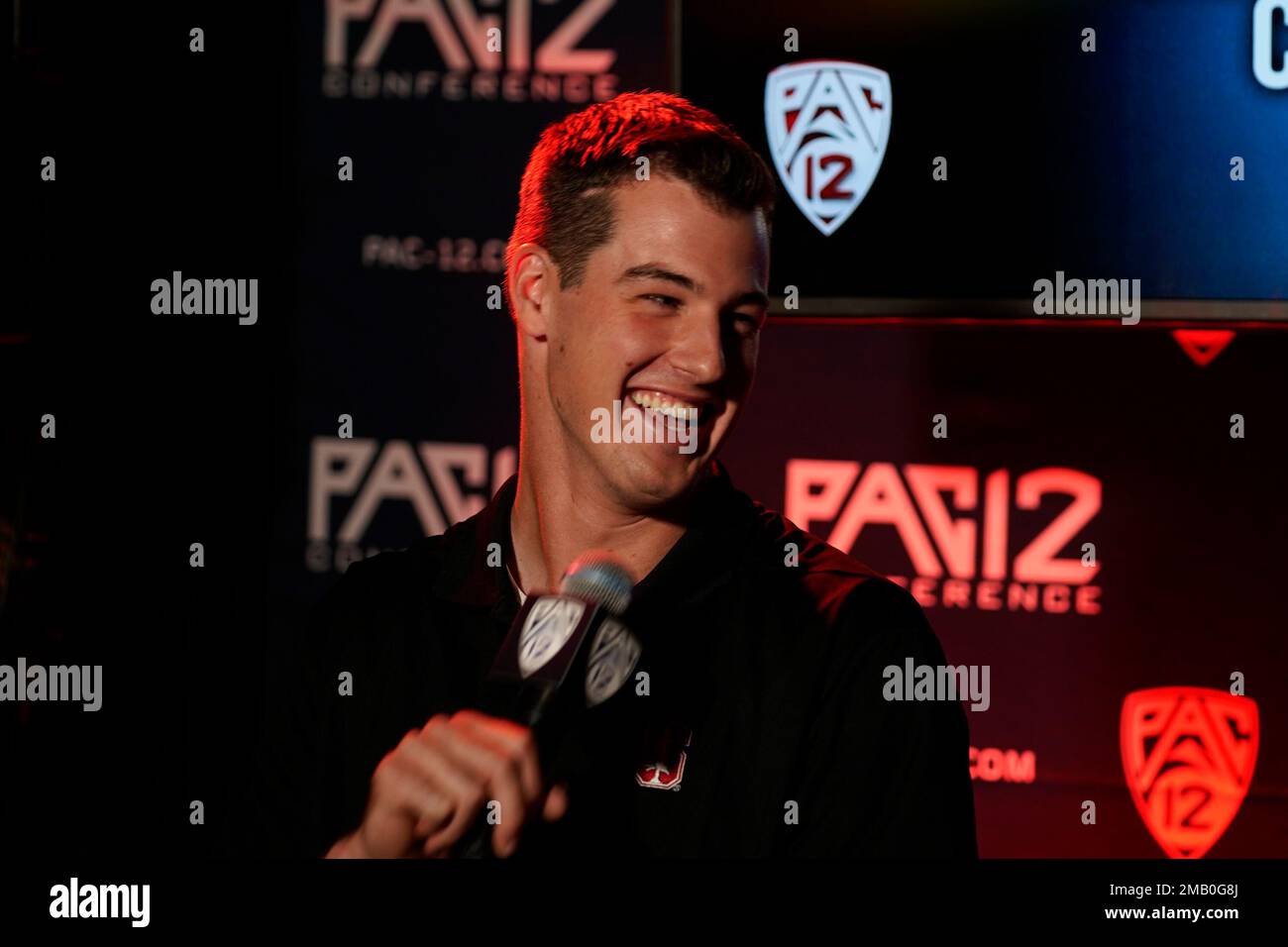 Stanford Cardinal quarterback Tanner Mckee speaks during Pac-12 ...