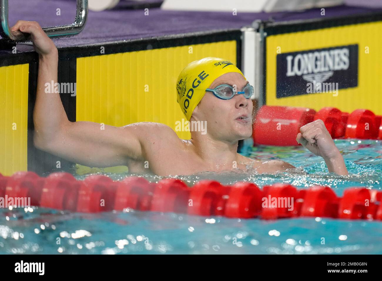 Timothy Hodge of Australia reacts after winning the Men's 100 meters ...