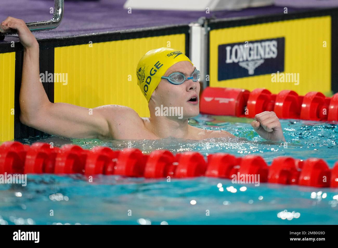 Timothy Hodge of Australia reacts after winning the Men's 100 meters ...
