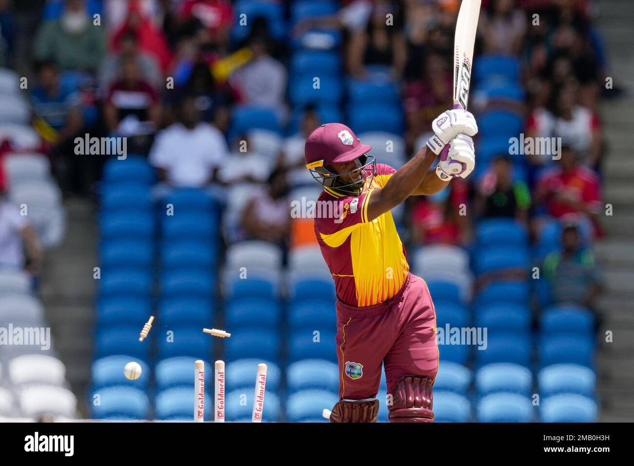 West Indies' Shamarh Brooksis bowled by India's Bhuvneshwa Kumar during ...