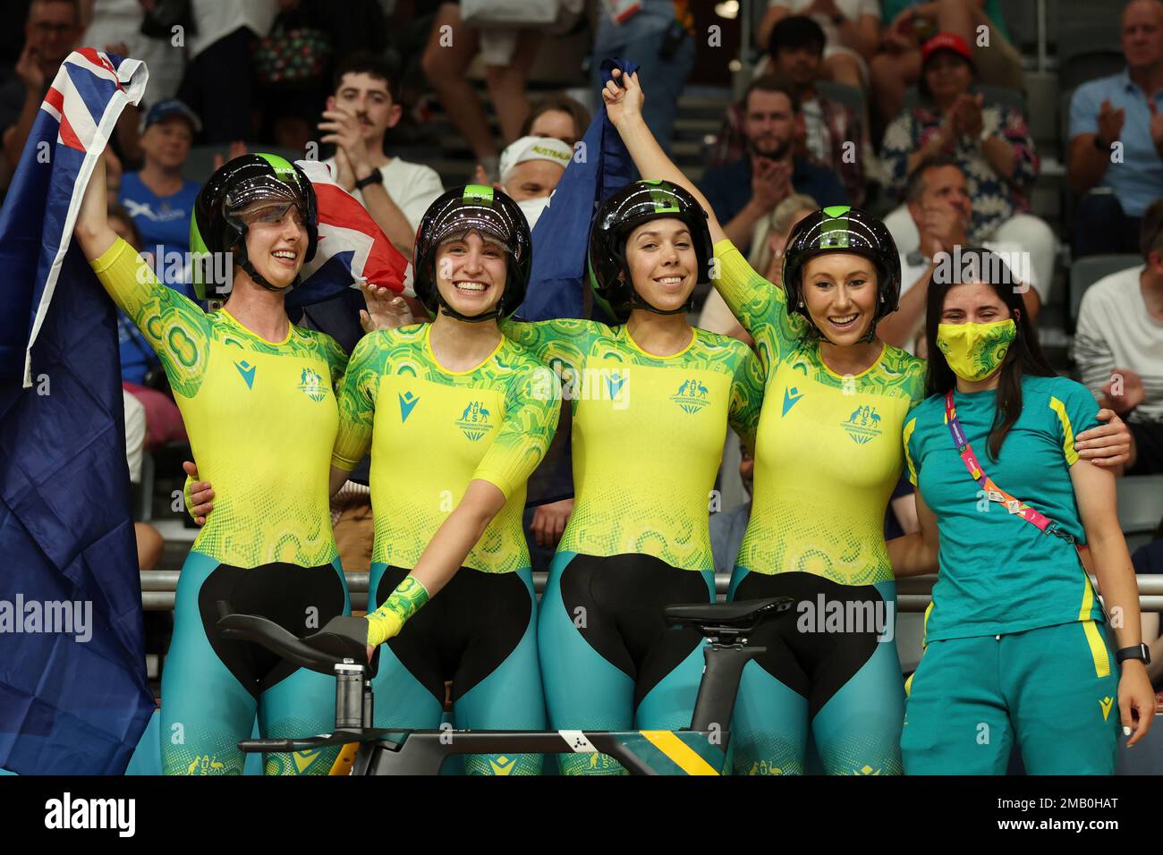 Australia's team celebrate as they won gold medals at the Women's 4000m ...