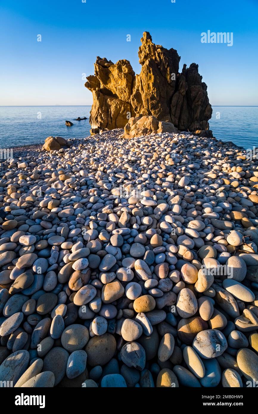 The beautiful rocky beach of the small town of Castle di Tusa, the ...
