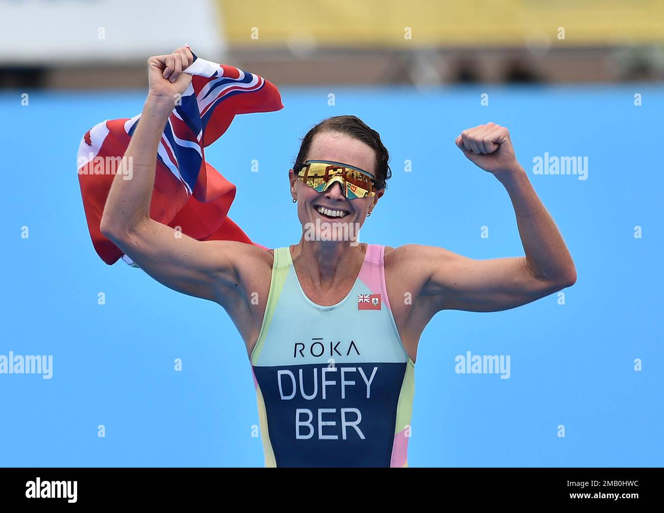 Flora Duffy of Bermuda celebrates after winning the gold medal in the ...