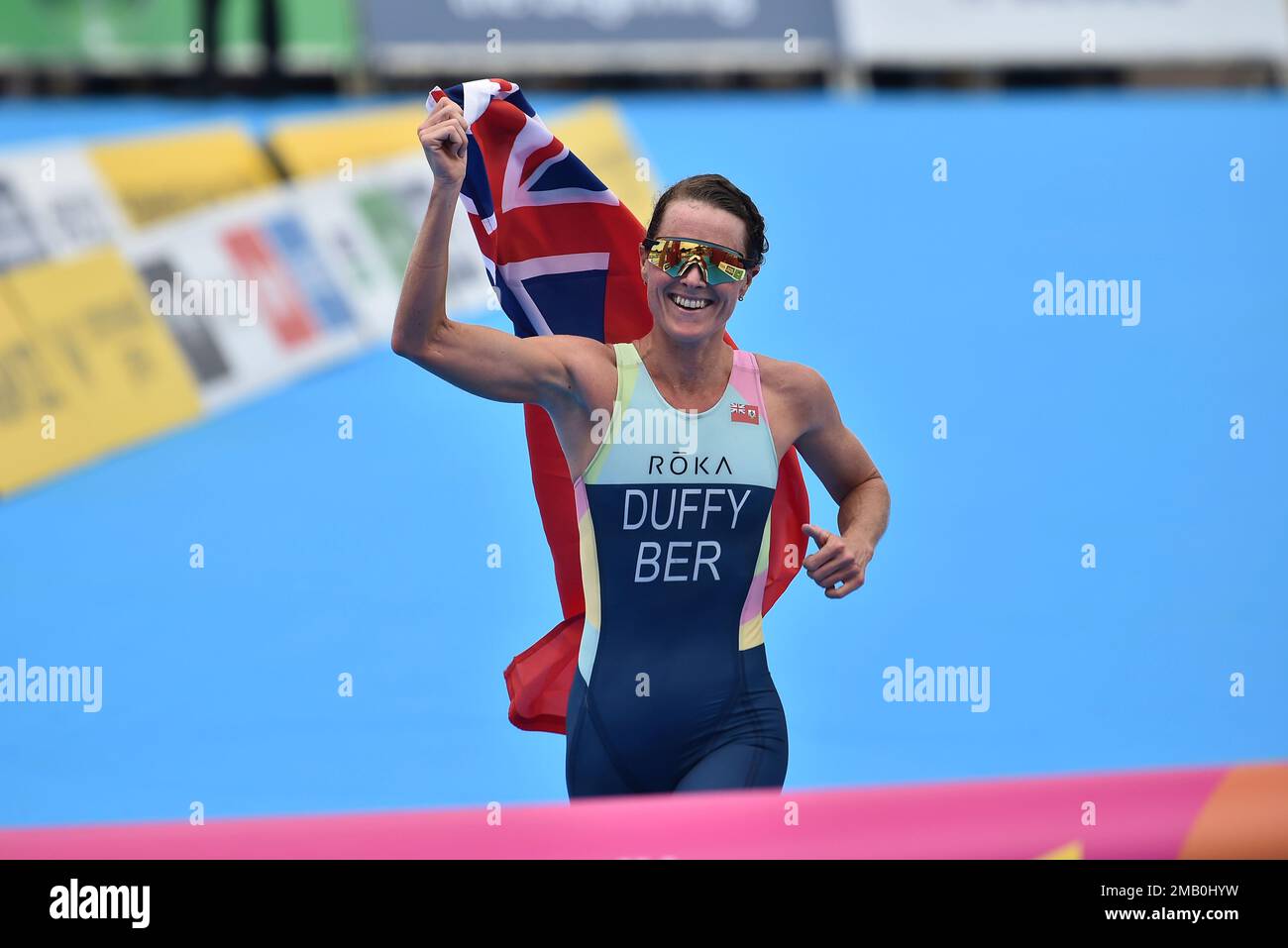 Flora Duffy of Bermuda celebrates after winning the gold medal in the ...