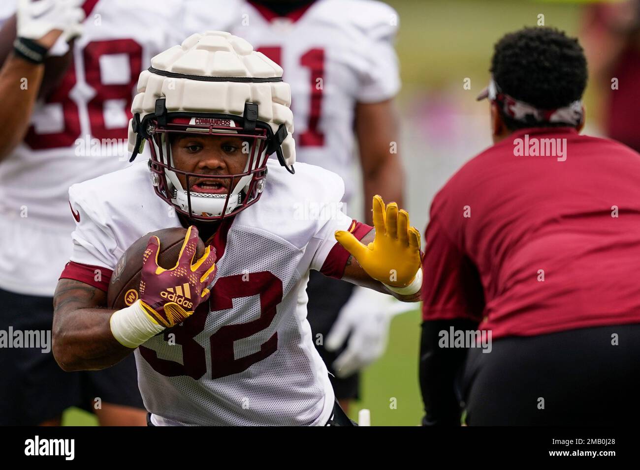 Washington Commanders running back Jaret Patterson runs a drill during ...