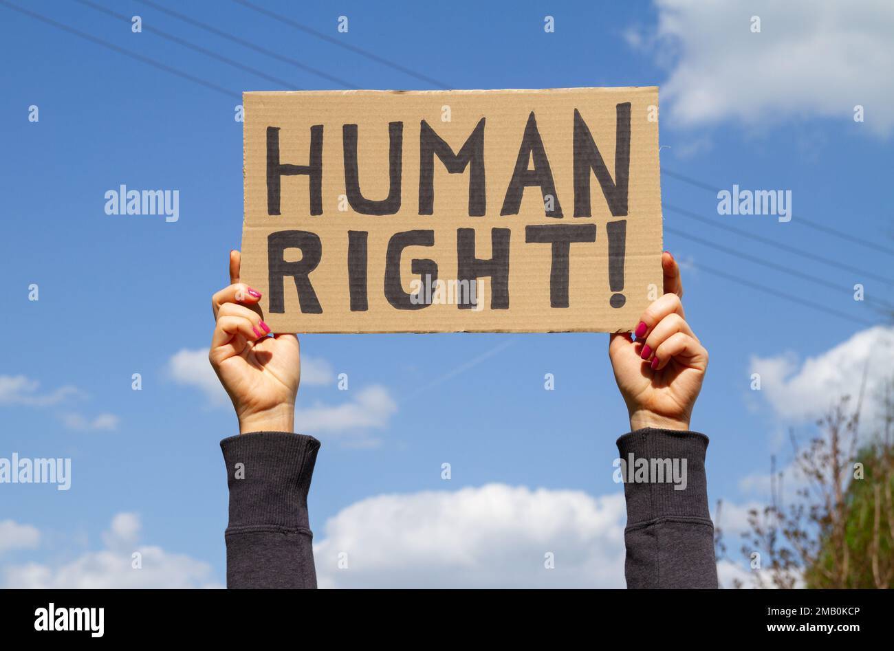 Female hands holding "Human Right" placard sign during manifestation ...